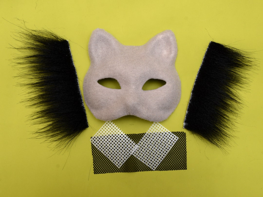 Gray Therian Cat Mask Kit, DIY Felted Paper Mask With Black Faux Fur ...