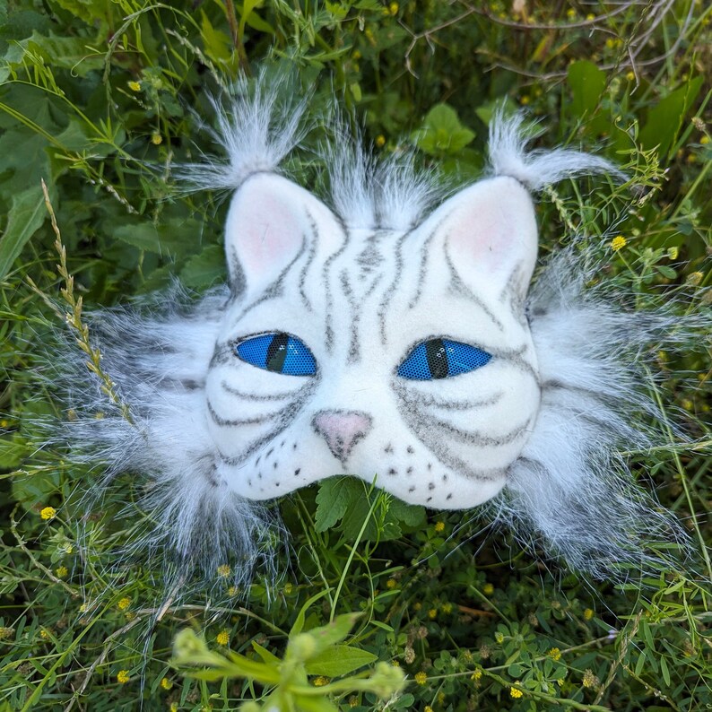 White and Black Tabby Cat Cosplay Mask, Therian Furry Feline Headwear ...