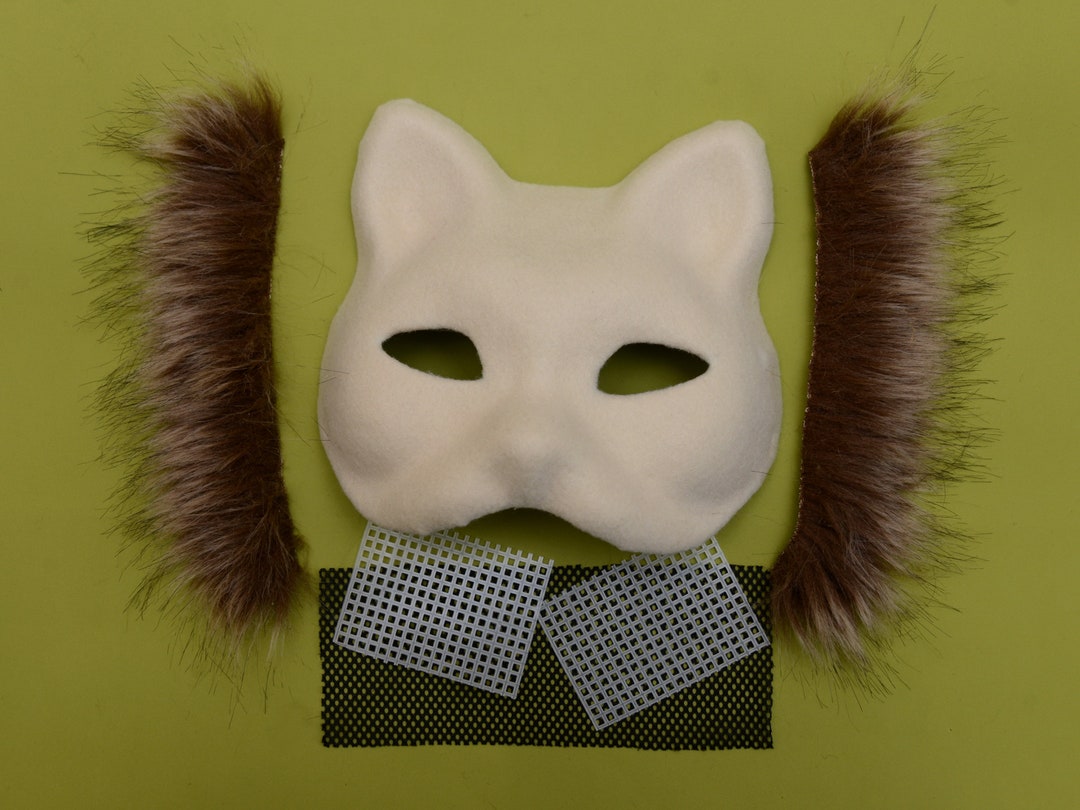 Beige Therian Cat Mask Kit, DIY Felted Paper Mask, Brown Faux Fur Mesh ...