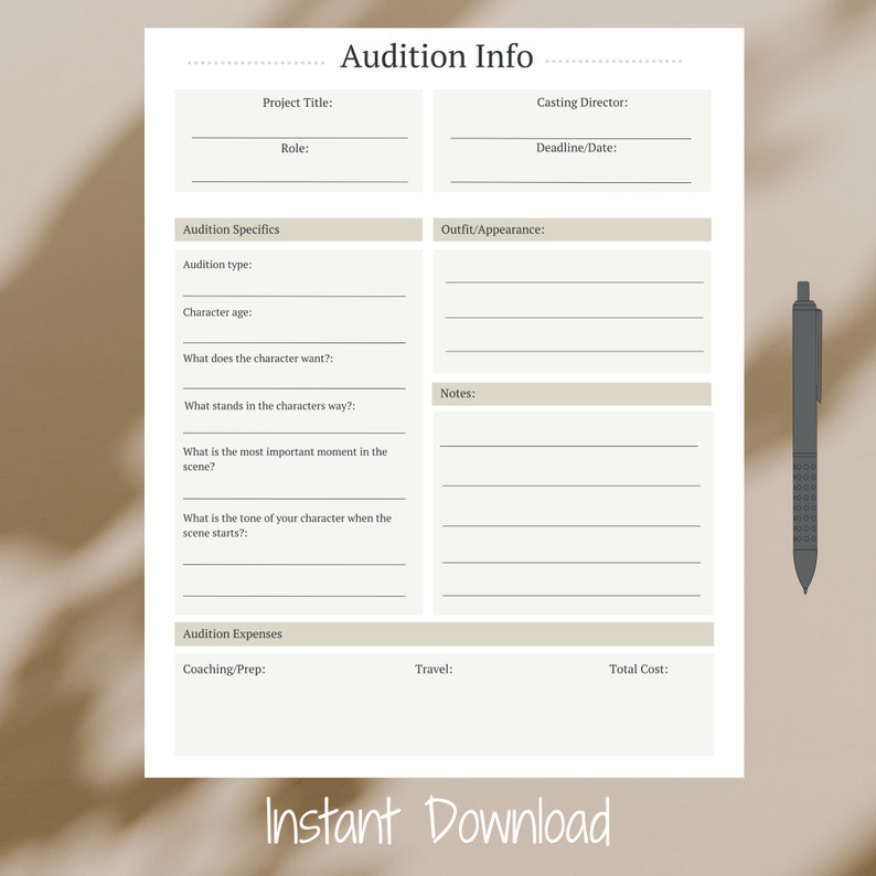 Printable Acting Audition Worksheet| Audition Prep| Study Actor Prep ...