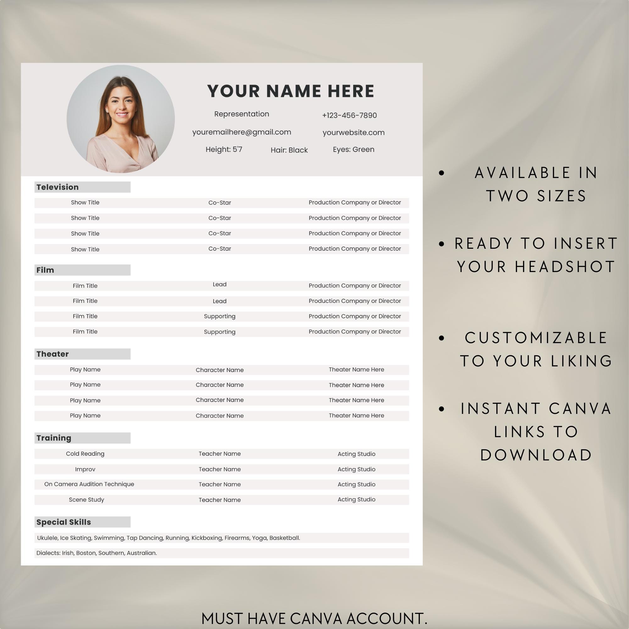 Actor Resume Template | Acting Resumes | Instant Download Resume ...
