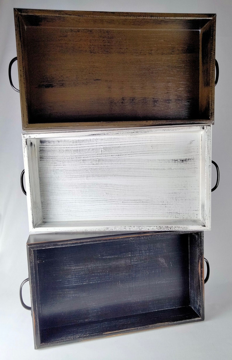 Farmhouse Serving Tray With Black Metal Handles 15x9x3, Distressed Faux ...