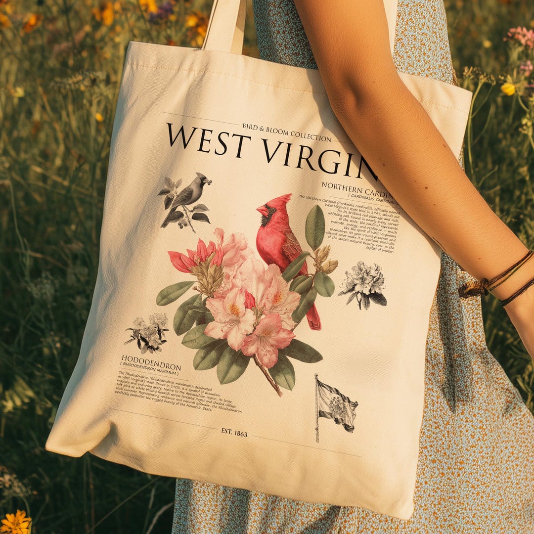 West Virginia Tote Bag | Rhododendron State Flower & Cardinal State ...