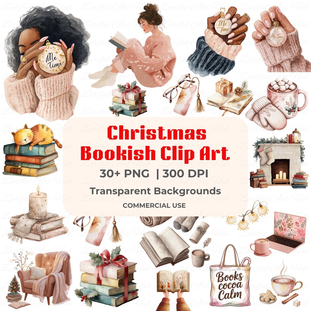 Christmas Bookish Clip Art Bundle 30+ PNG Cozy Holiday Reading Stickers ...