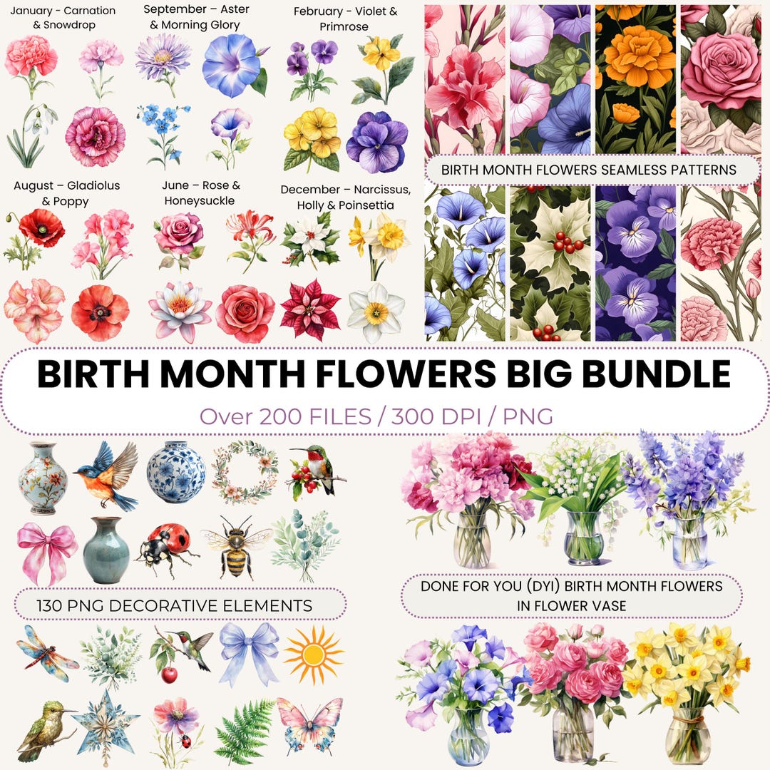 Birth Month Flowers Big Bundle OVER 200 PNG FILES| Mother's Day Birth ...