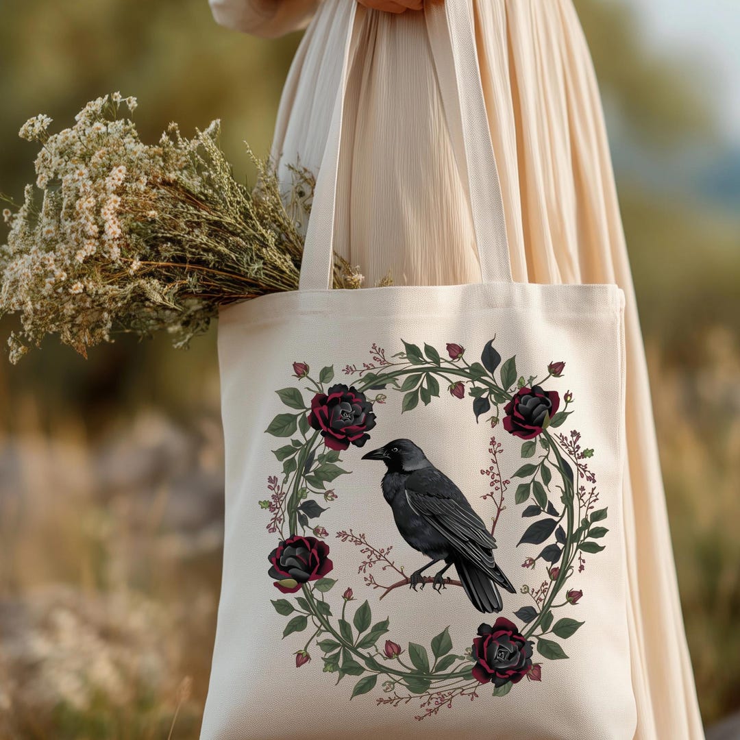 Gothic Crow Floral Tote Bag, Dark Cottagecore Canvas Bag, Personalized ...