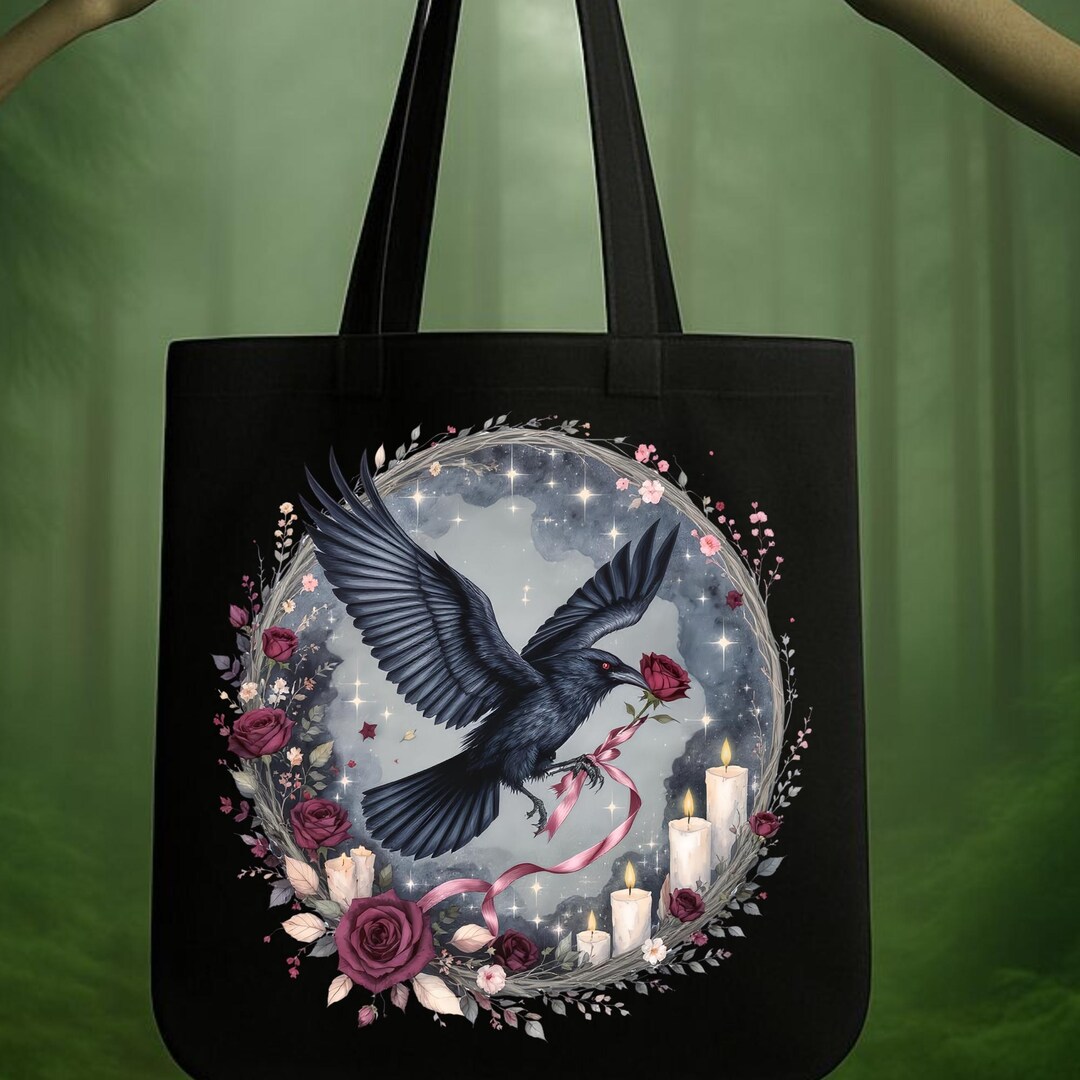 Gothic Crow Tote Bag, Dark Floral Rose Wreath Canvas Tote, Witchy ...