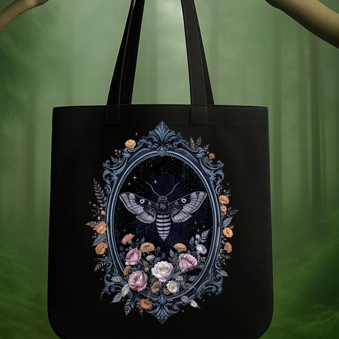 Gothic Moth Tote Bag, Dark Floral Moth in Ornate Black Frame, Soft ...