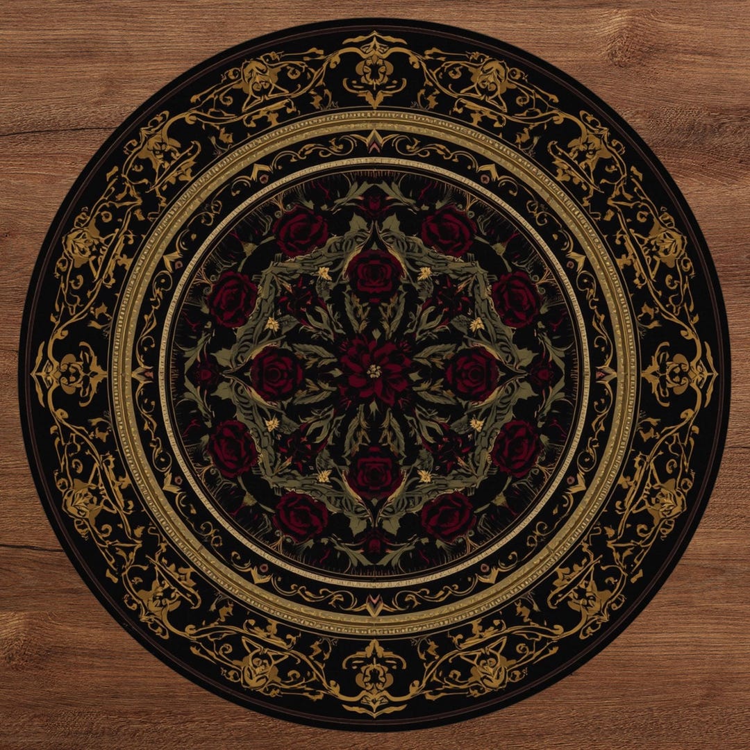 Gothic Baroque Round Rug, Black and Red Rose Rug, Gold Filigree Vintage ...