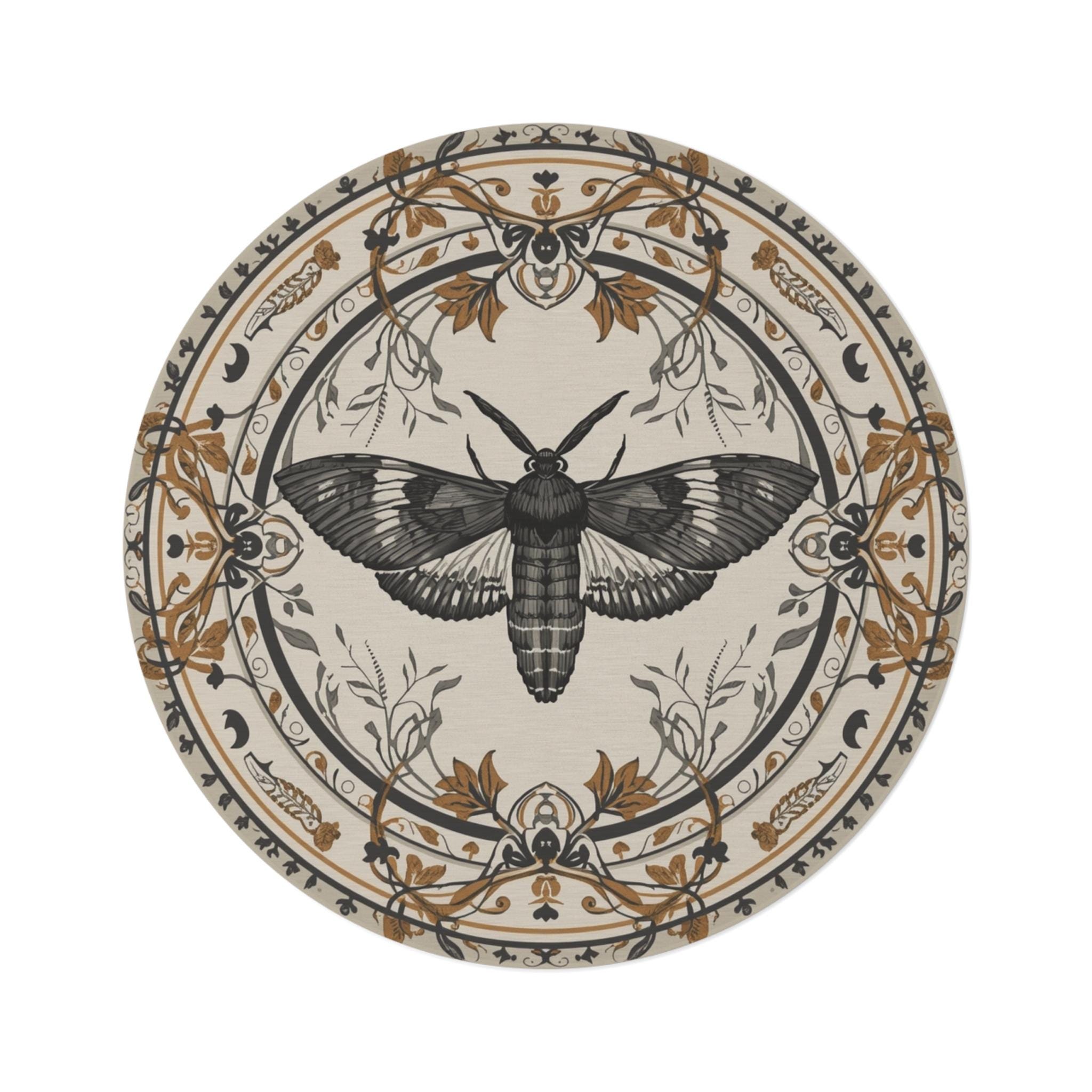 Gothic Moth Round Rug | Dark Cottagecore Medallion Rug | Vintage Insect ...