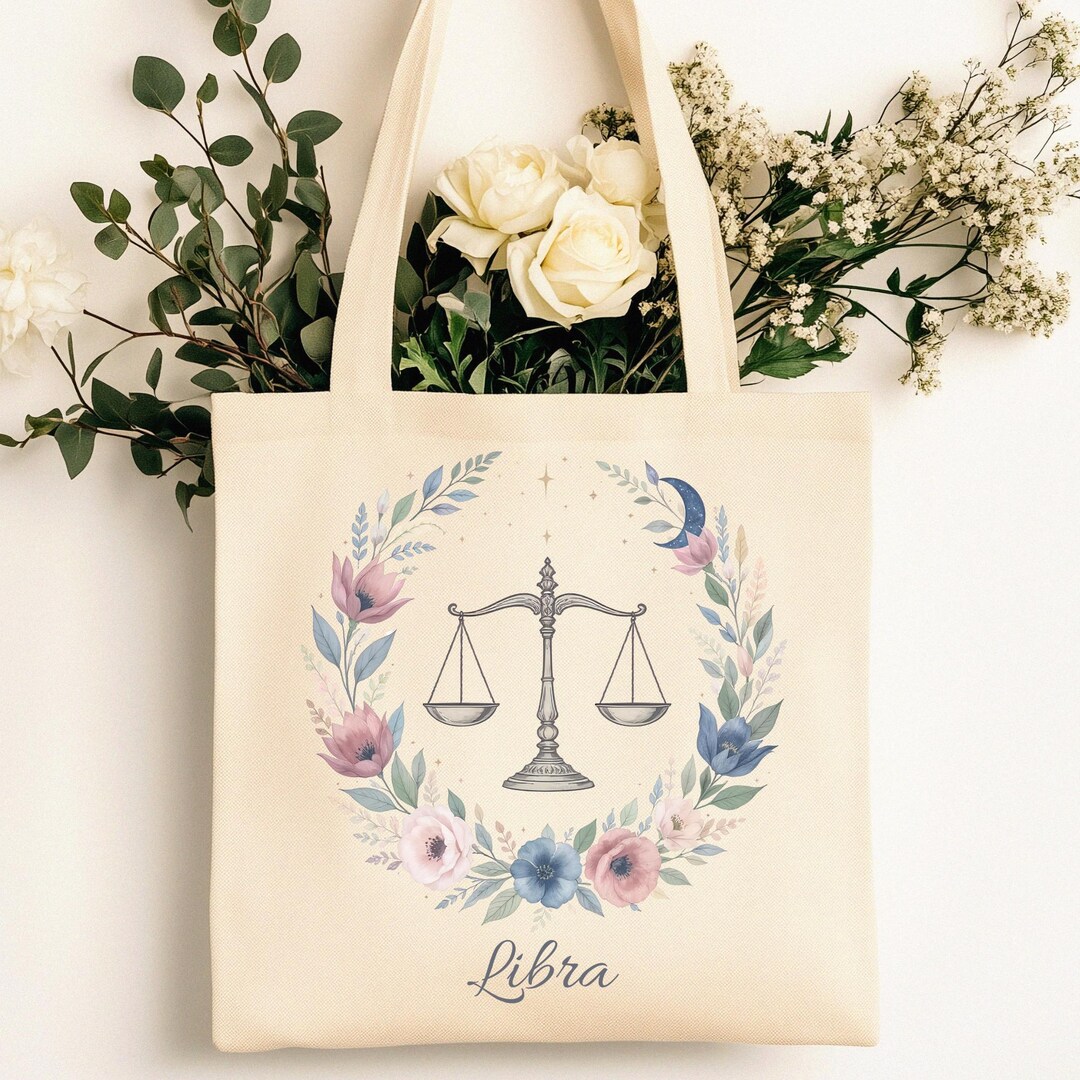 Libra Zodiac Tote Bag: Personalized Celestial Floral Canvas - Etsy
