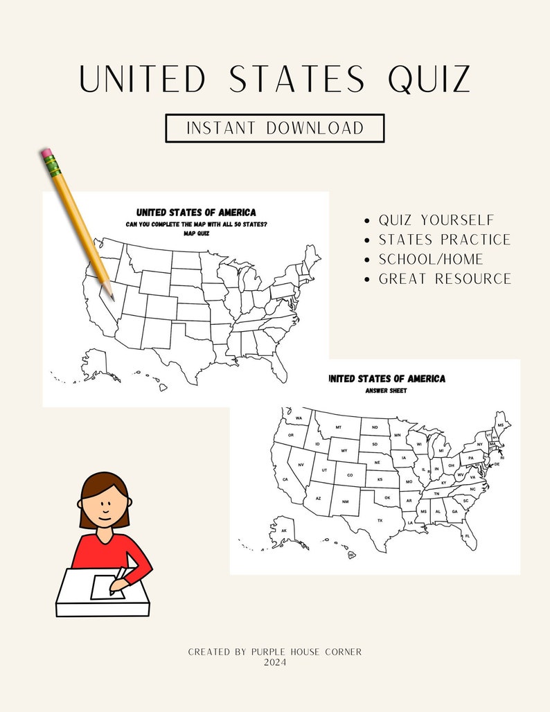 United States States Quiz Printable - Geography Test, Educational USA ...