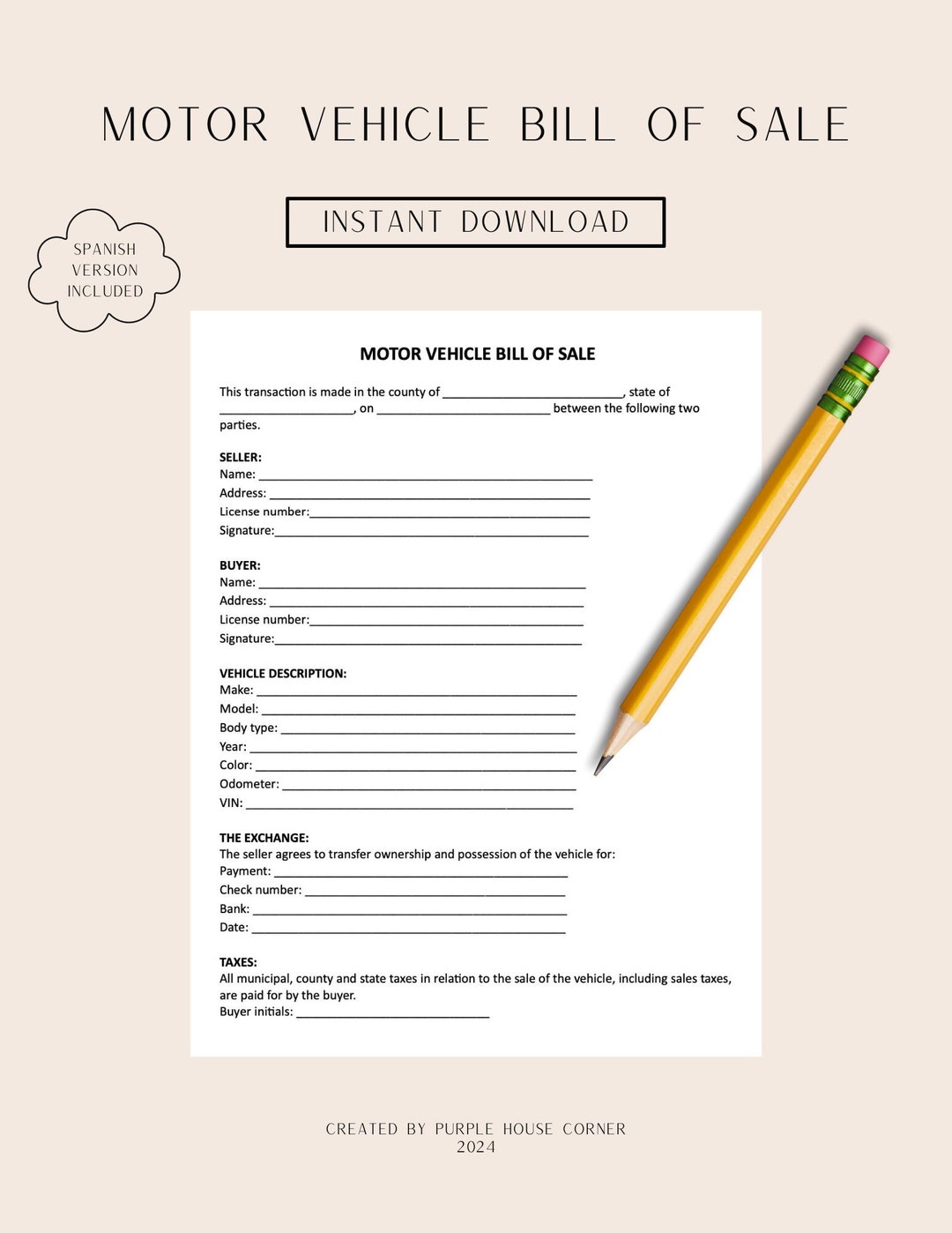 Vehicle Bill of Sale Printable - Instant Download Car Sale Agreement ...