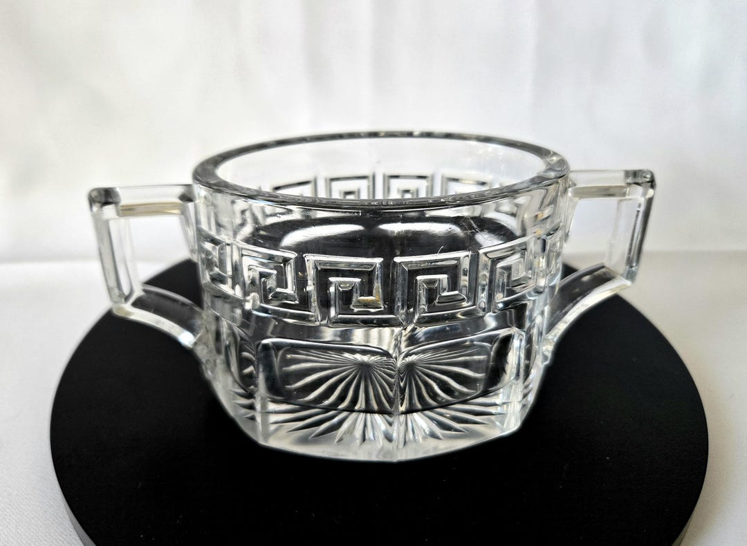Heisey Elegant Glass Greek Clear Key Open Sugar Bowl UV Reactive (365nm ...