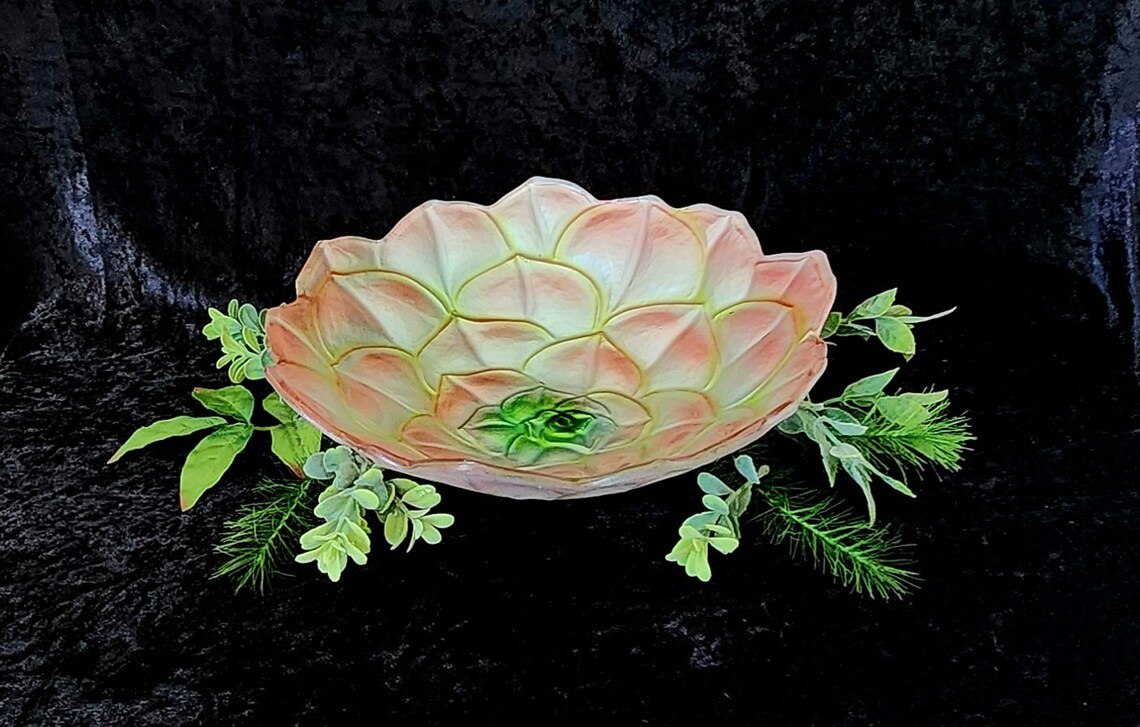Lotus Shaped Reverse Paint Art Glass Bowl Vintage - Etsy