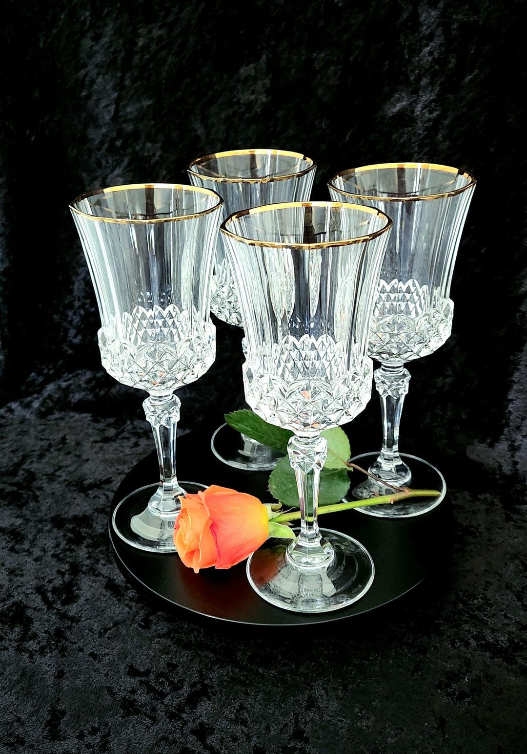 Longchamp Gold Rim Cristal D'arcs Valencay Goblets FULL SET OF 4 Lead ...