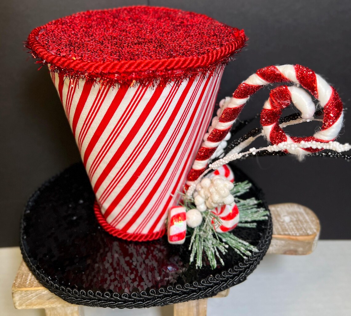 Regular Sequins Red and White Candy Cane Top Hat Accented With Black ...