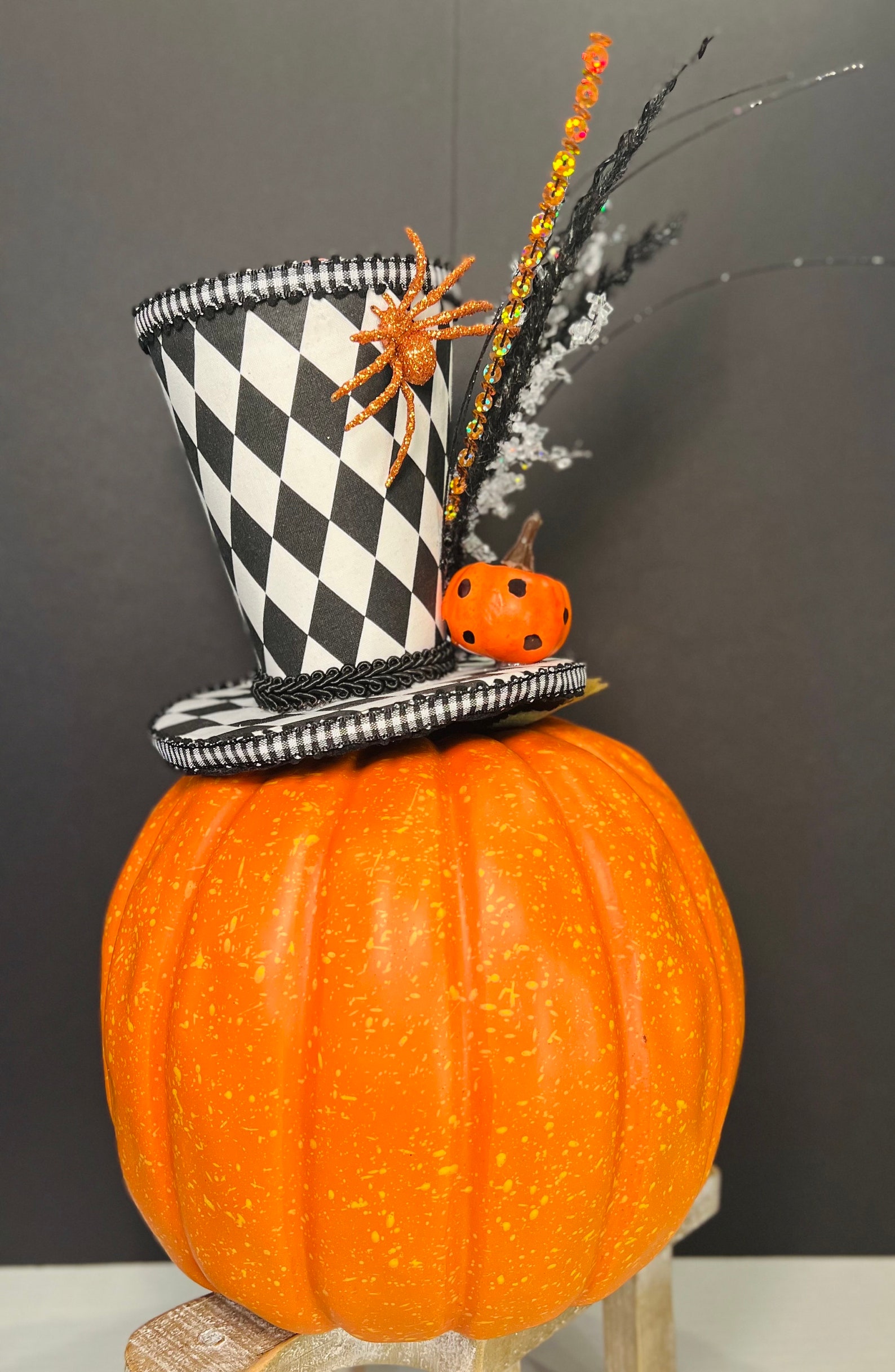 Mini Harlequin Top Hat. Adorned With Glitter Sprays, Polka Dot Pumpkin ...