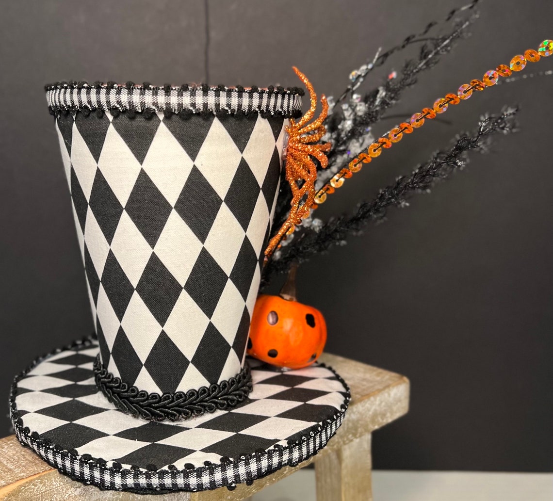 Mini Harlequin Top Hat. Adorned With Glitter Sprays, Polka Dot Pumpkin ...