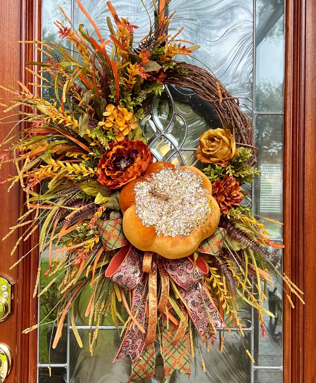 Large Fall Grapevine Wreath With Fancy Glittered Pumpkin, Autumn ...
