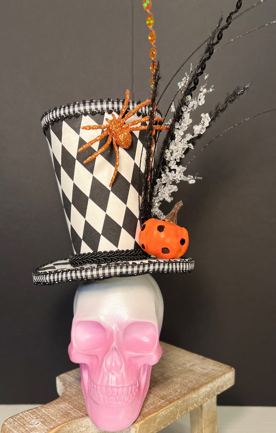 Mini Harlequin Top Hat. Adorned With Glitter Sprays, Polka Dot Pumpkin ...