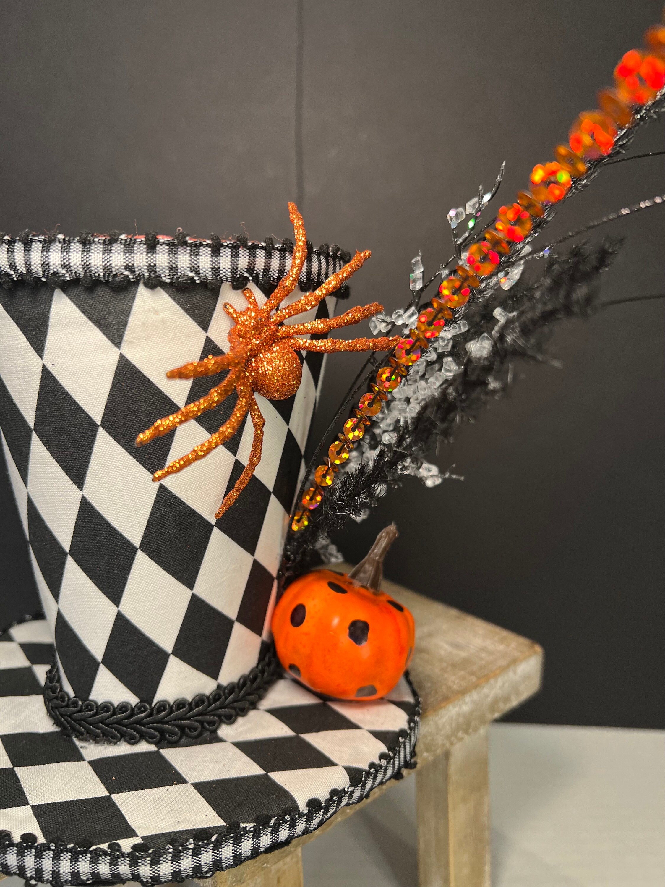 Mini Harlequin Top Hat. Adorned With Glitter Sprays, Polka Dot Pumpkin ...
