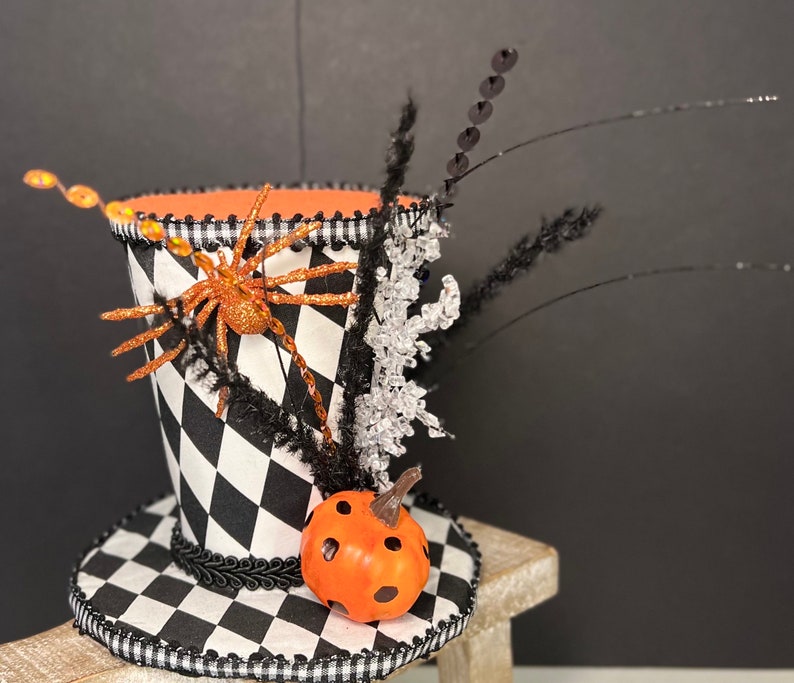 Mini Harlequin Top Hat. Adorned With Glitter Sprays, Polka Dot Pumpkin ...