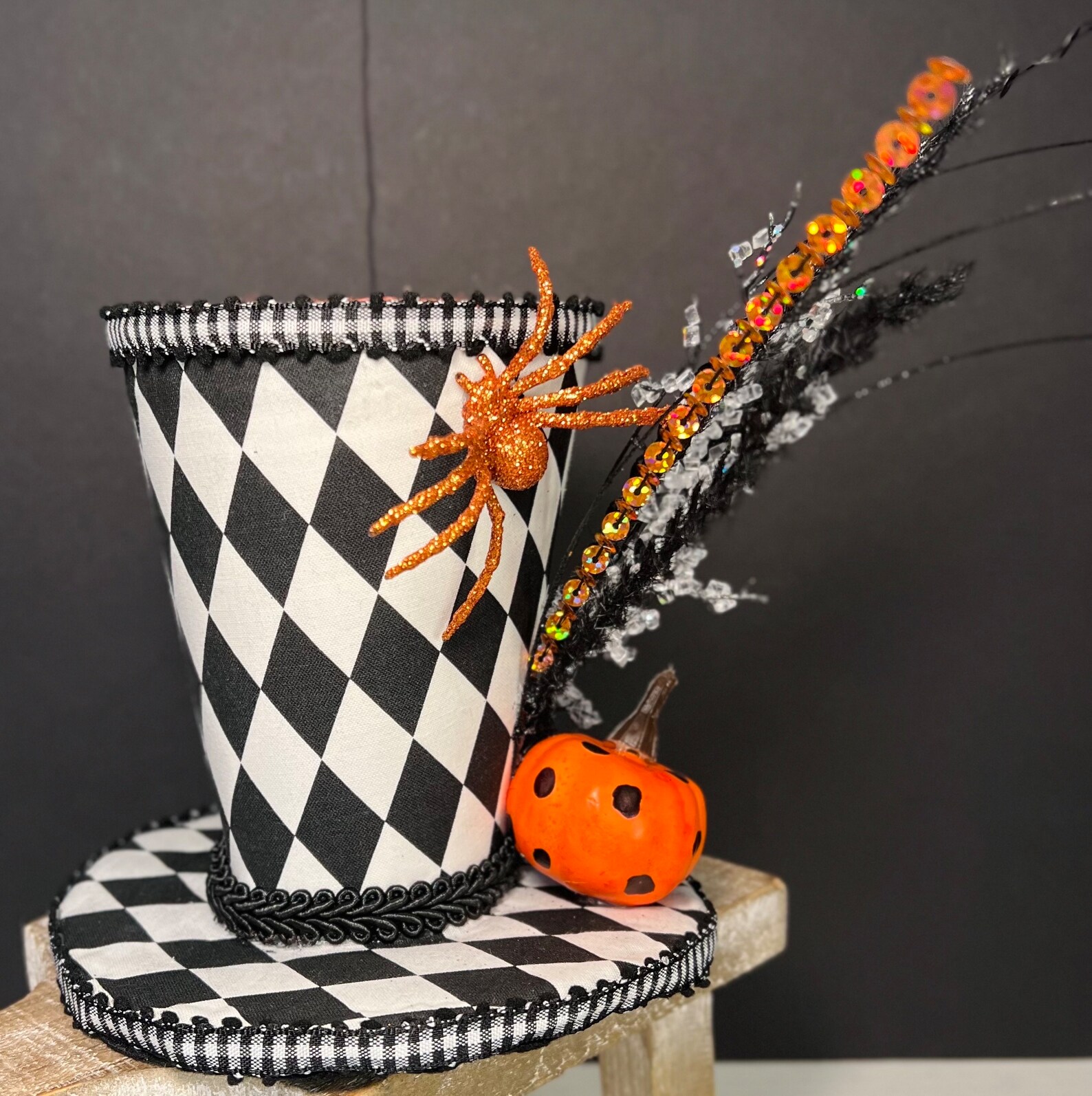 Mini Harlequin Top Hat. Adorned With Glitter Sprays, Polka Dot Pumpkin ...