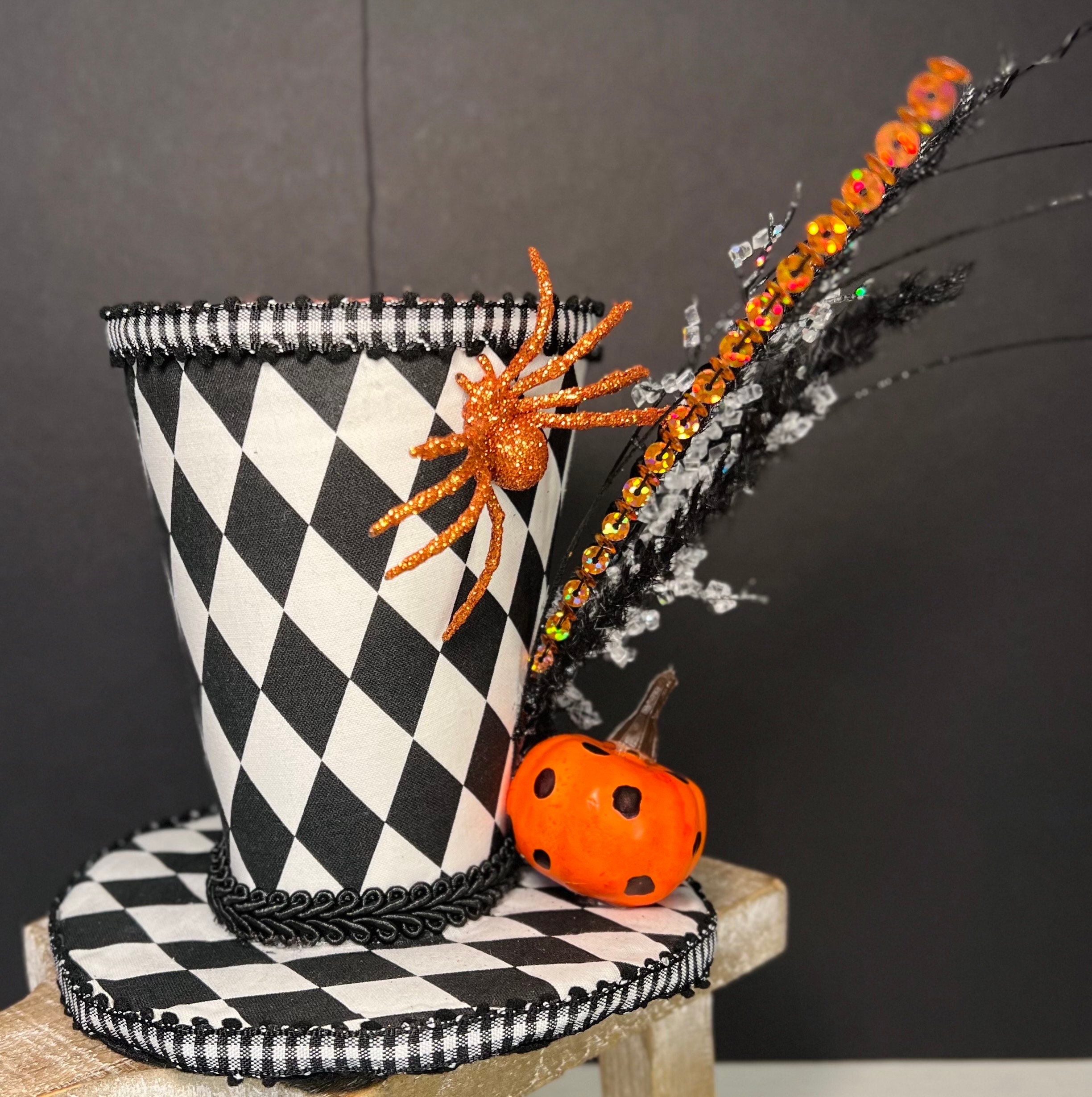Mini Harlequin Top Hat. Adorned With Glitter Sprays, Polka Dot Pumpkin ...