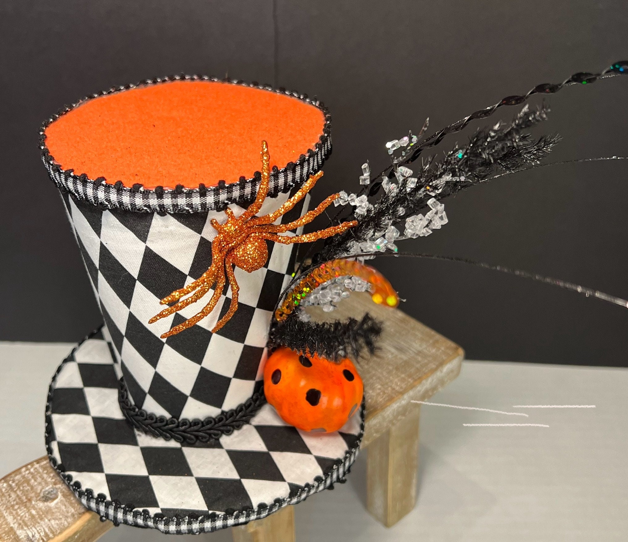 Mini Harlequin Top Hat. Adorned With Glitter Sprays, Polka Dot Pumpkin ...