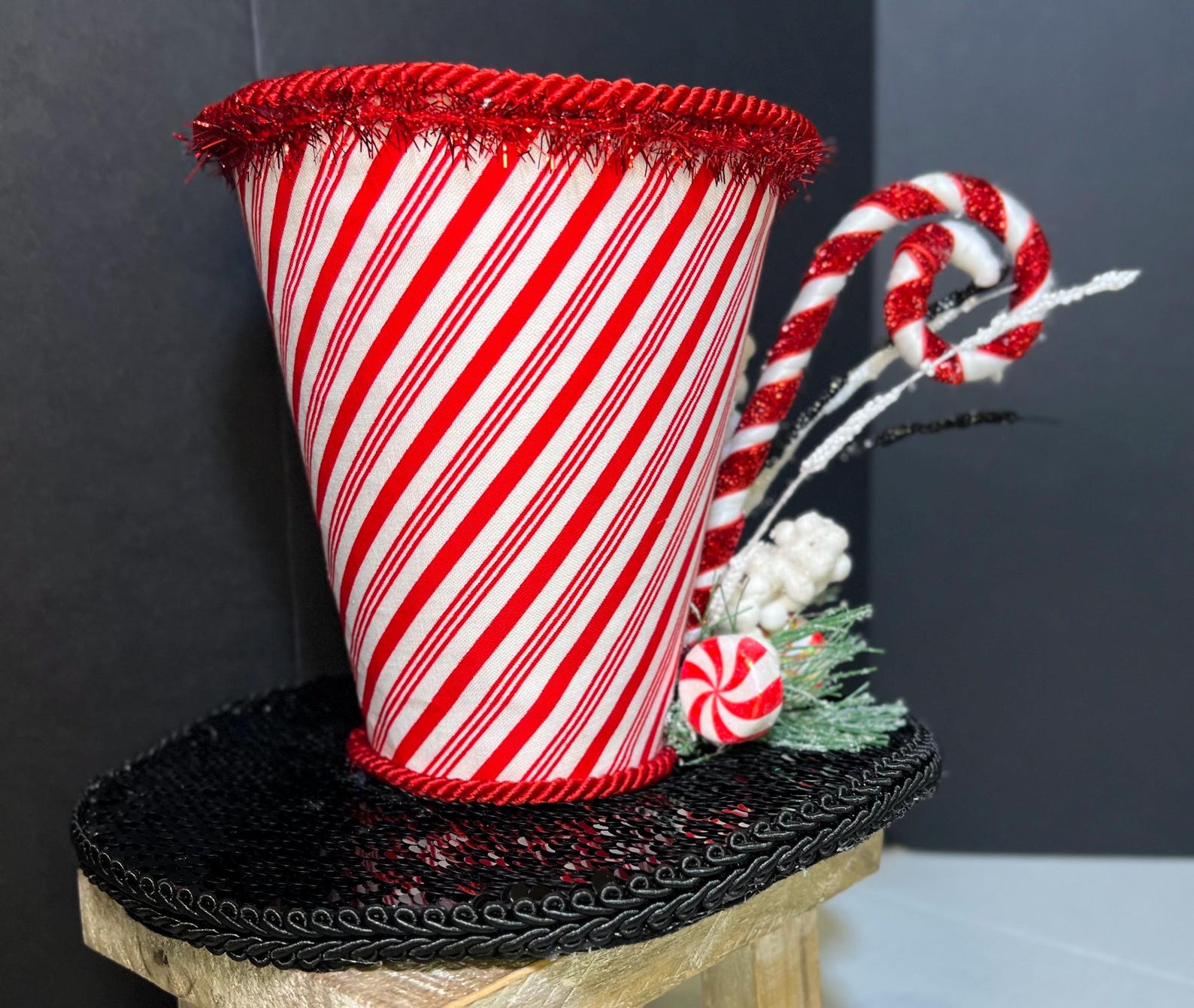 Regular Sequins Red and White Candy Cane Top Hat Accented With Black ...