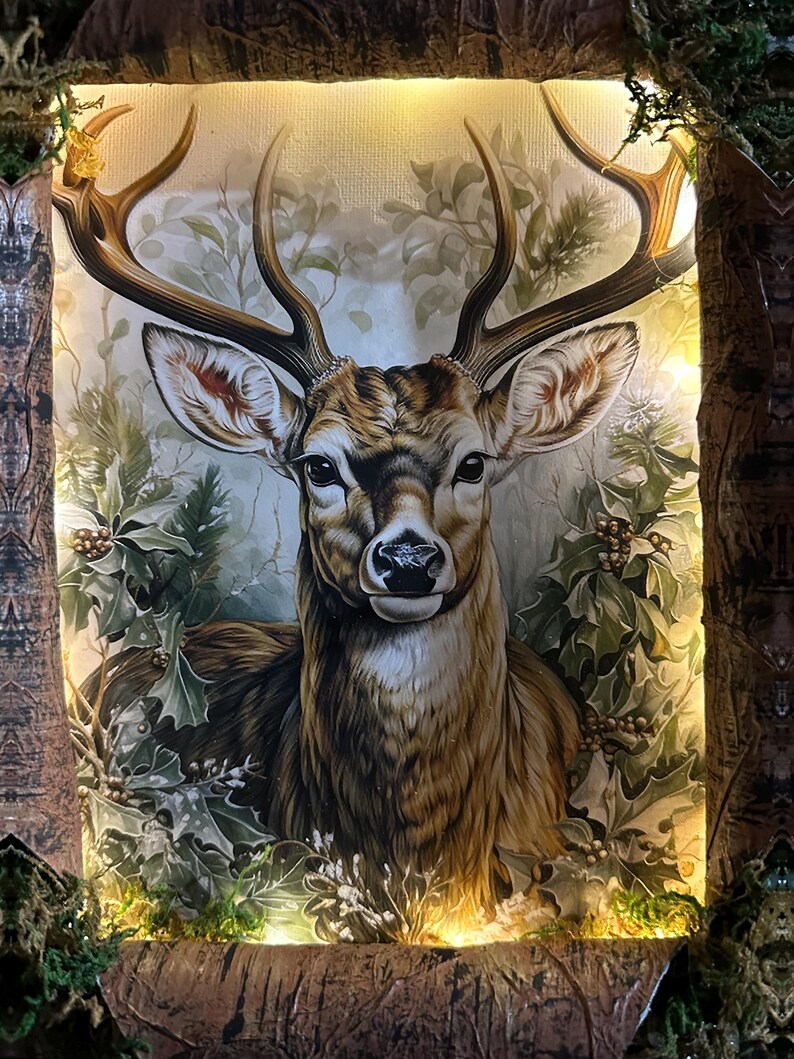 A "busted Canvas" 8x10 W/lights. A Buck (deer) in the Woods Surrounded ...