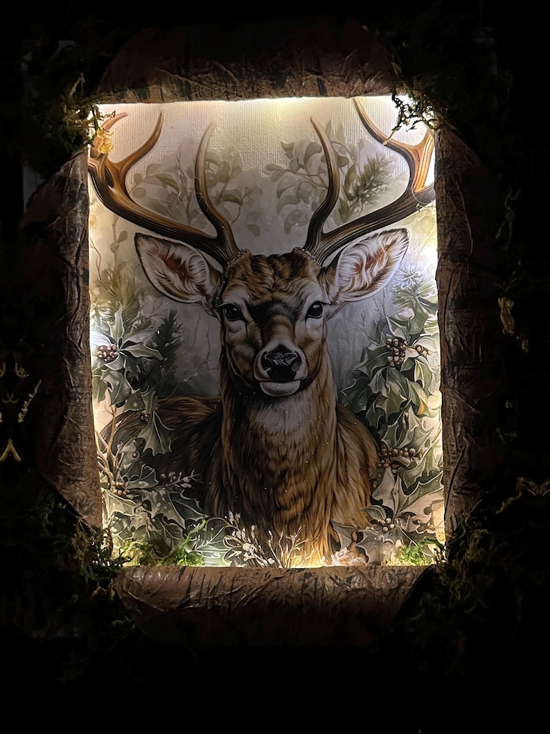 A "busted Canvas" 8x10 W/lights. A Buck (deer) in the Woods Surrounded ...