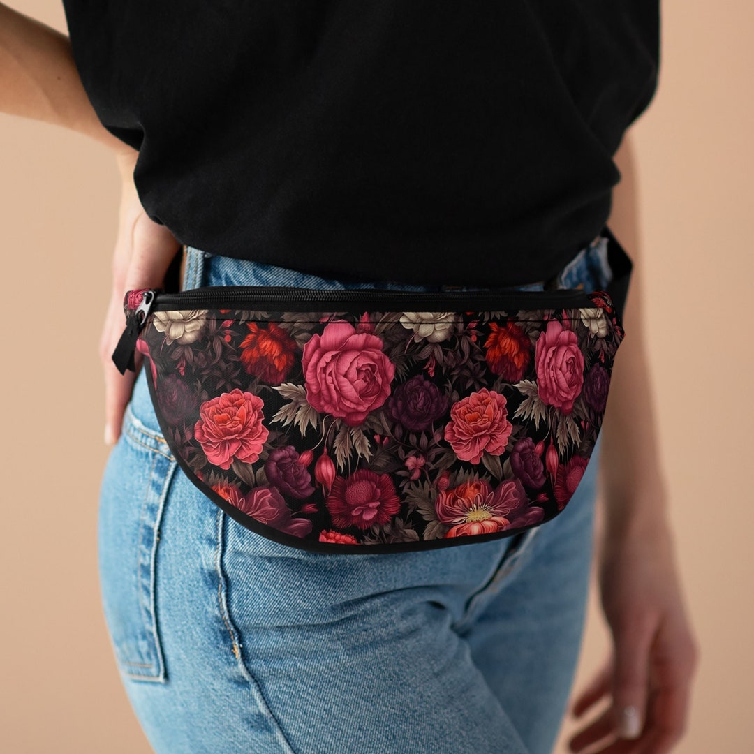 Dark Red Roses Cottagecore Fanny Pack With Zipper, Inside Pockets ...