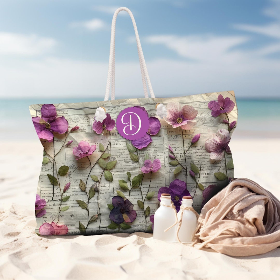 Personalized Purple Violets Beach and Travel Bag, Vacation Tote With ...
