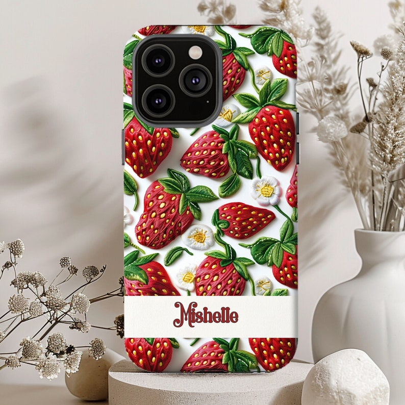 Personalized Cute Strawberries Embroidered Look Tough Phone Case ...