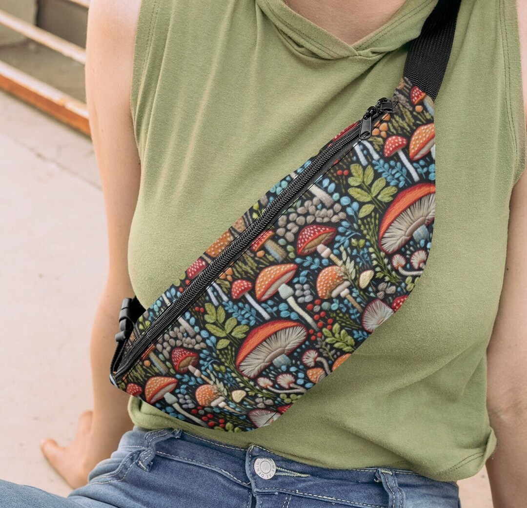 Mushrooms & Blue Flowers Embroidery-look Fanny Pack, Gothic Cottagecore ...