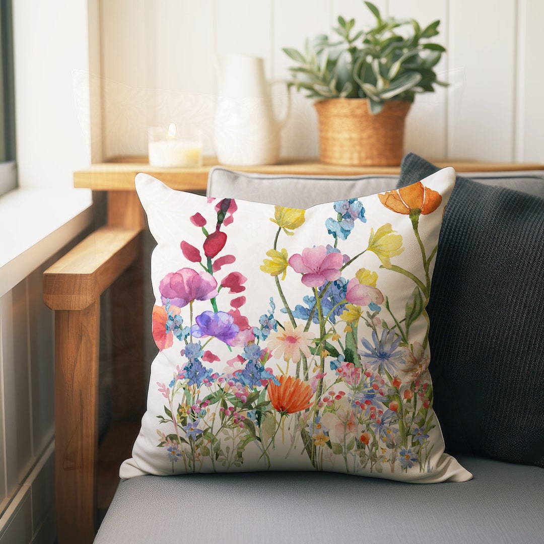 Colorful Meadow Wildflowers Cottagecore Pillow, Floral Accent Pillow ...