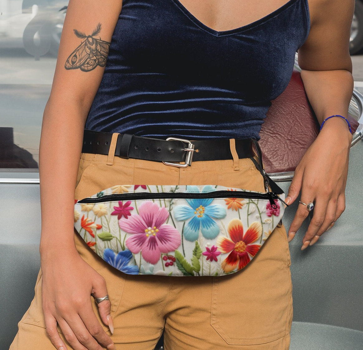 Wildflowers Faux Embroidery Fabric Fanny Pack, Gothic Cottagecore ...