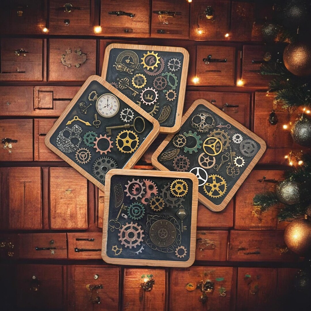 Steampunk Wooden Coaster Set - Gears, Clock Parts & Skulls in Clear ...