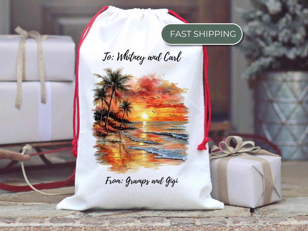 Tropical Sunset Fabric Gift Bag Personalized Beach Scene Reusable ...