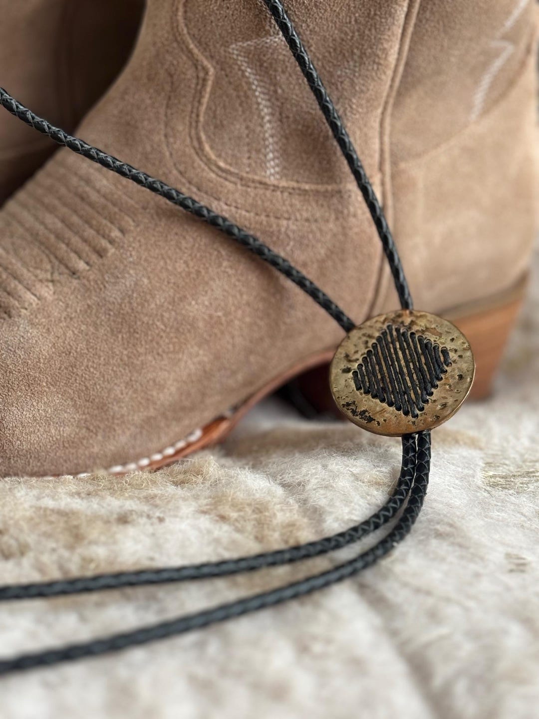 Authentic Antique Gold Bolo Tie | Round Aged Metal Pendant With Black ...