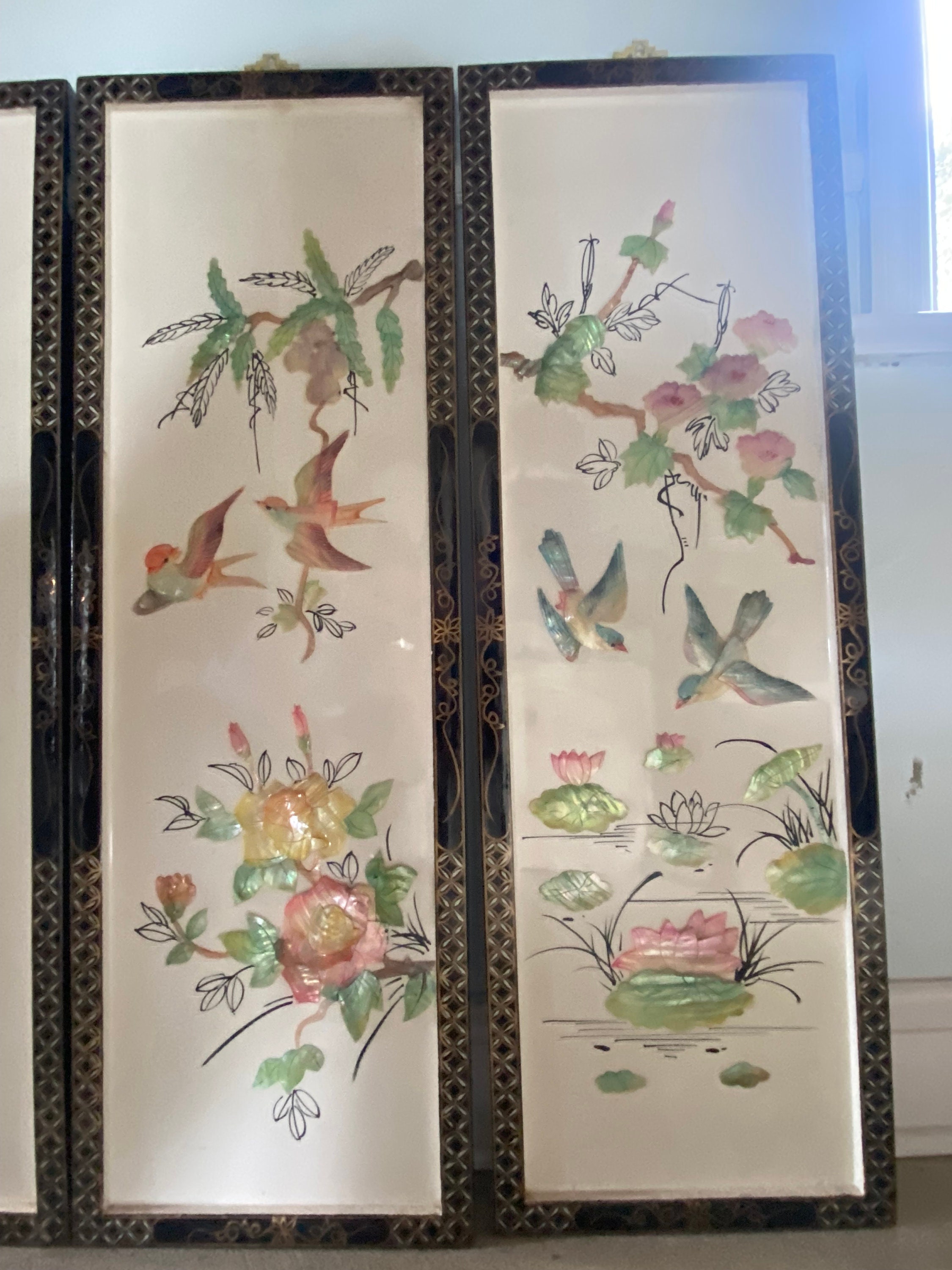 AMAZING 4 Vintage Asian Shell Lacquer Bird Wall Panels, Asian Bird Art ...