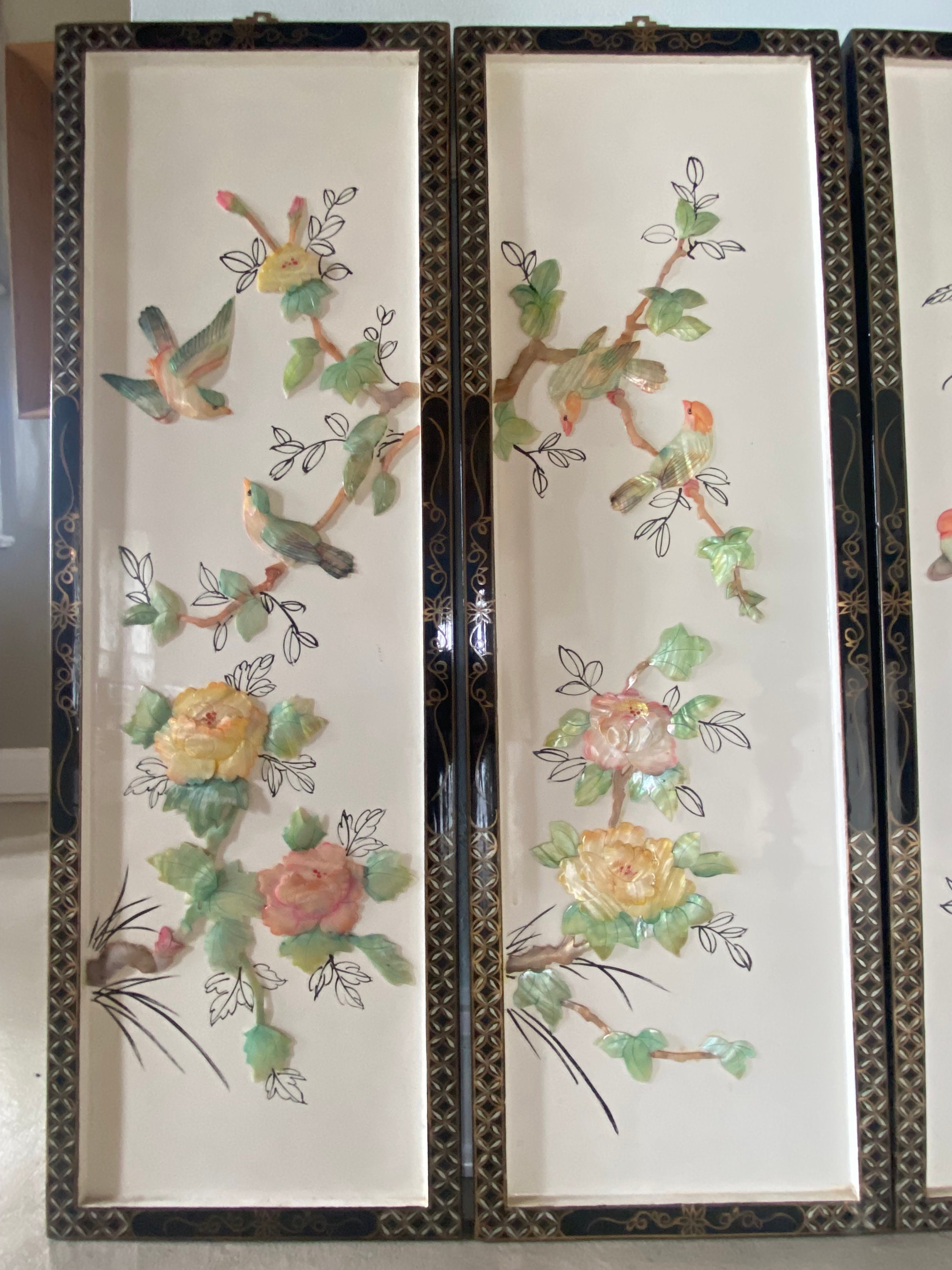AMAZING 4 Vintage Asian Shell Lacquer Bird Wall Panels, Asian Bird Art ...