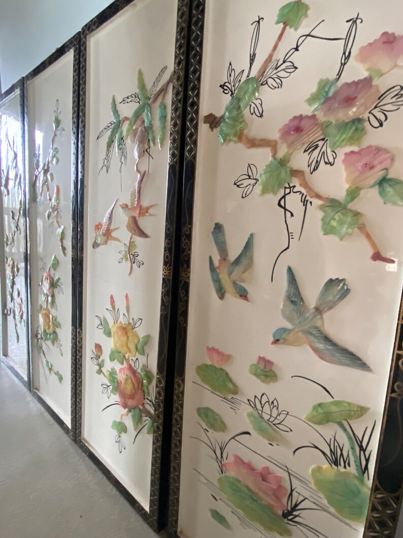 AMAZING 4 Vintage Asian Shell Lacquer Bird Wall Panels, Asian Bird Art ...