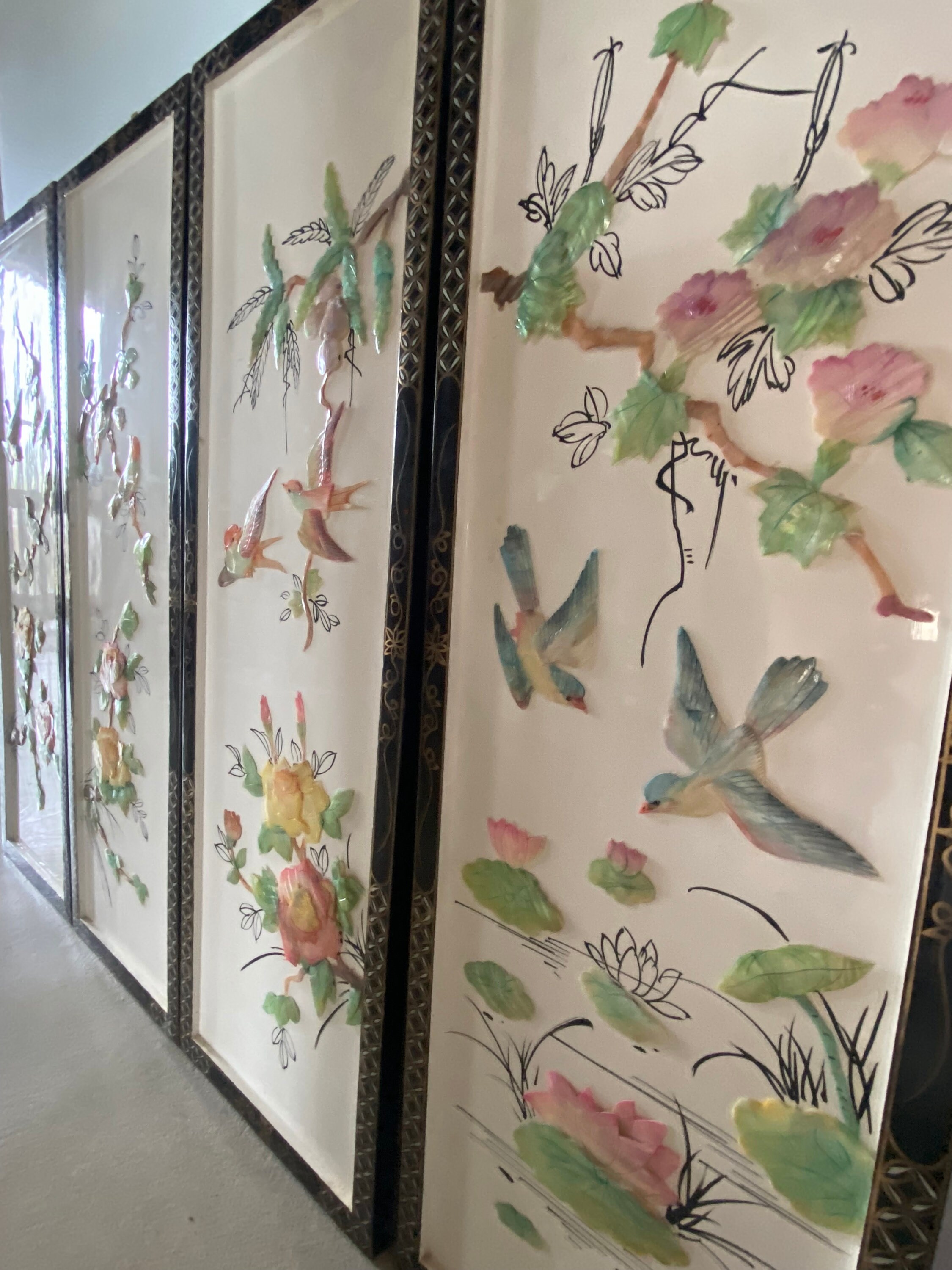 AMAZING 4 Vintage Asian Shell Lacquer Bird Wall Panels, Asian Bird Art ...