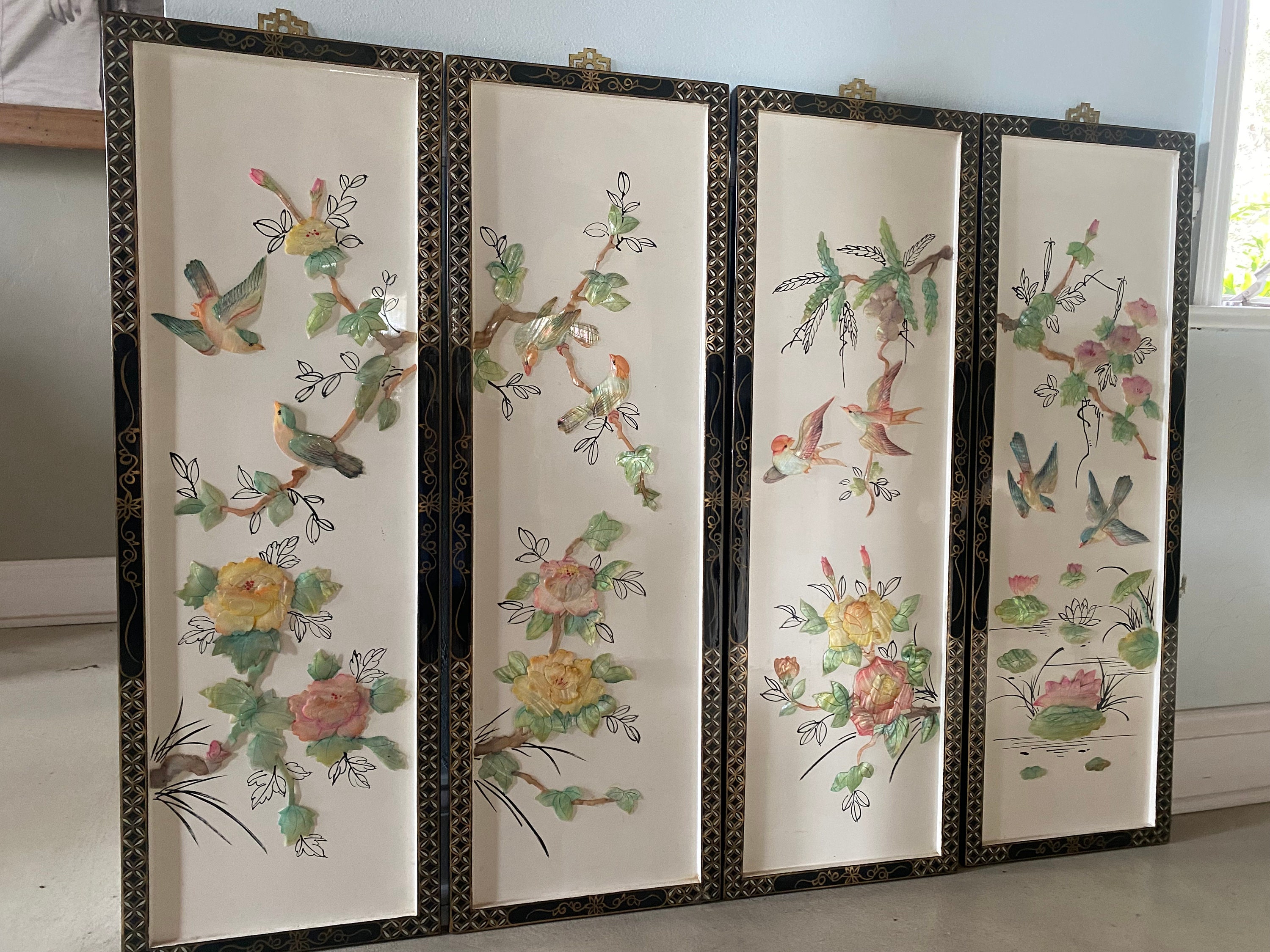 AMAZING 4 Vintage Asian Shell Lacquer Bird Wall Panels, Asian Bird Art ...