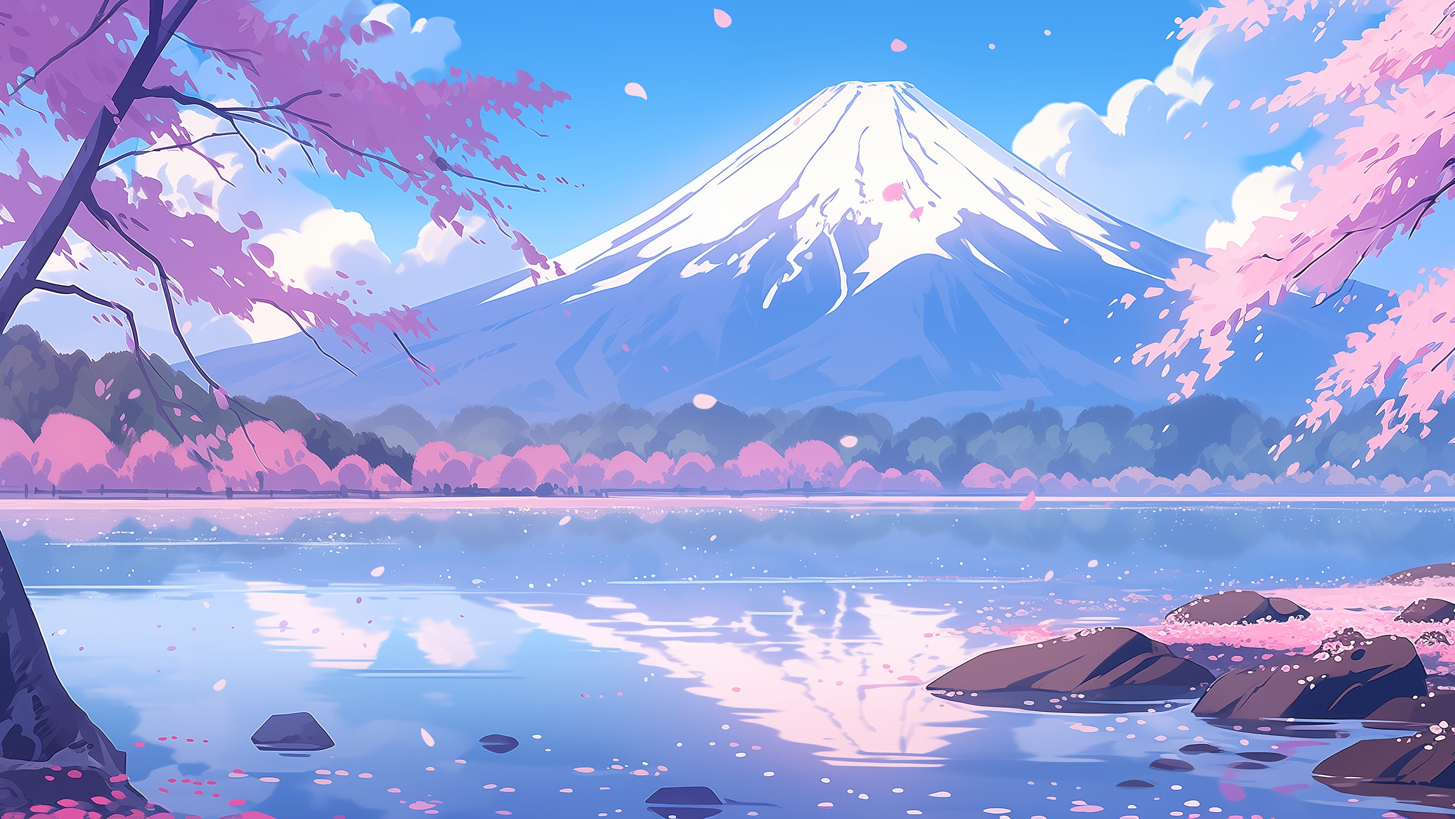 Stylized Lake With Mt. Fuji Digital Wallpaper 4K, 1440p, 1080p - Etsy