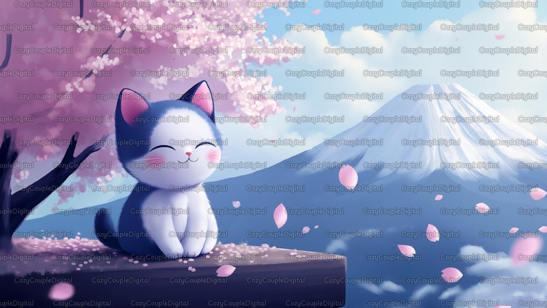 Blushing Chibi Cat, Sakura, Mt. Fuji, Digital Wallpaper, Japanese ...