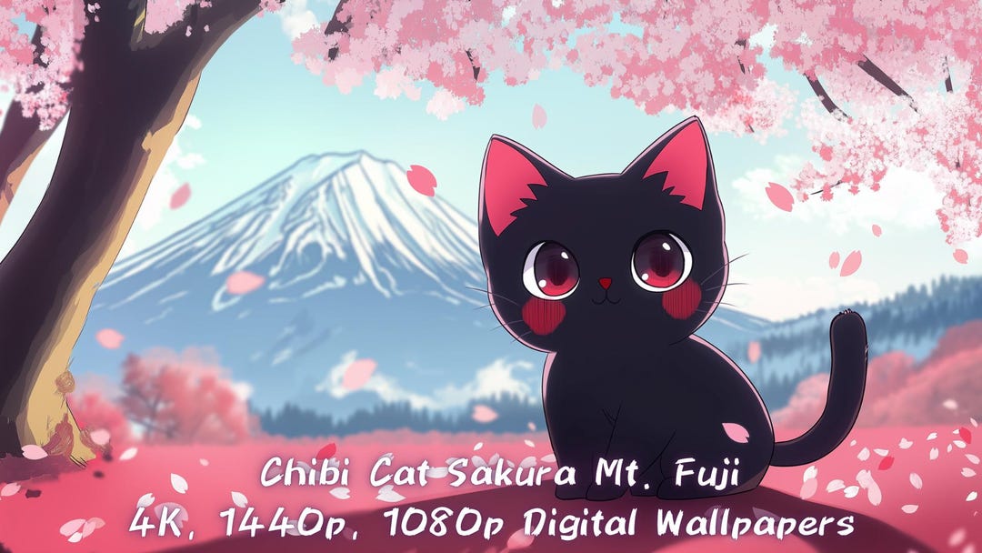 Chibi Cat, Sakura, Mt. Fuji, Digital Wallpaper, Japanese, Japan, 4K ...